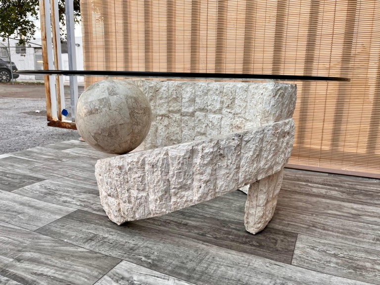 Postmodern Natural Mactan Stone Round Coffee Table with Glass Top circa ...