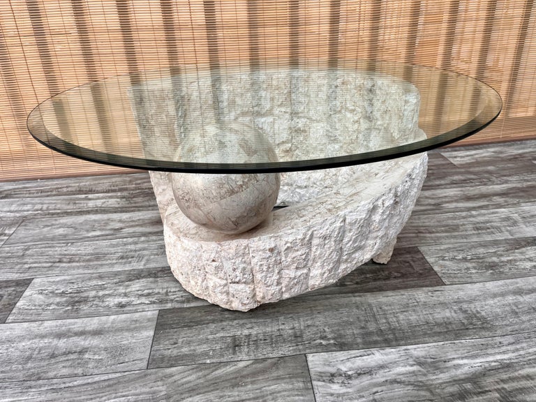 Postmodern Natural Mactan Stone Round Coffee Table with Glass Top circa ...
