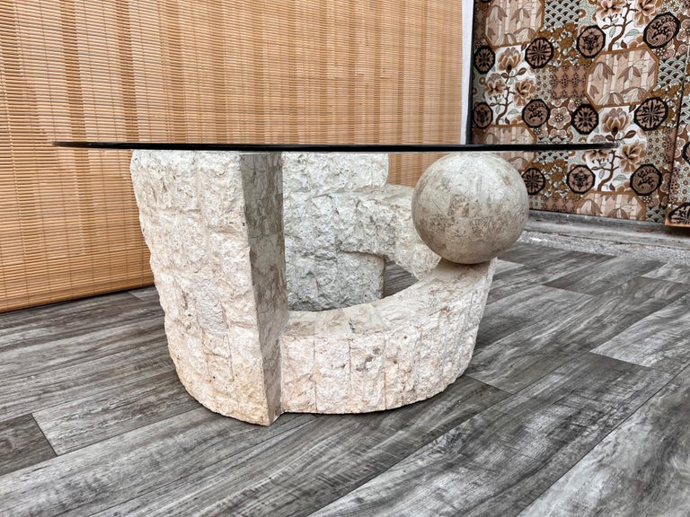 Postmodern Natural Mactan Stone Round Coffee Table with Glass Top circa ...