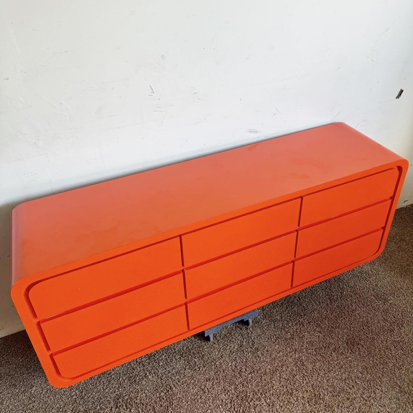 Postmodern Orange Lacquer Laminate Waterfall Dresser - 9 Drawer For ...
