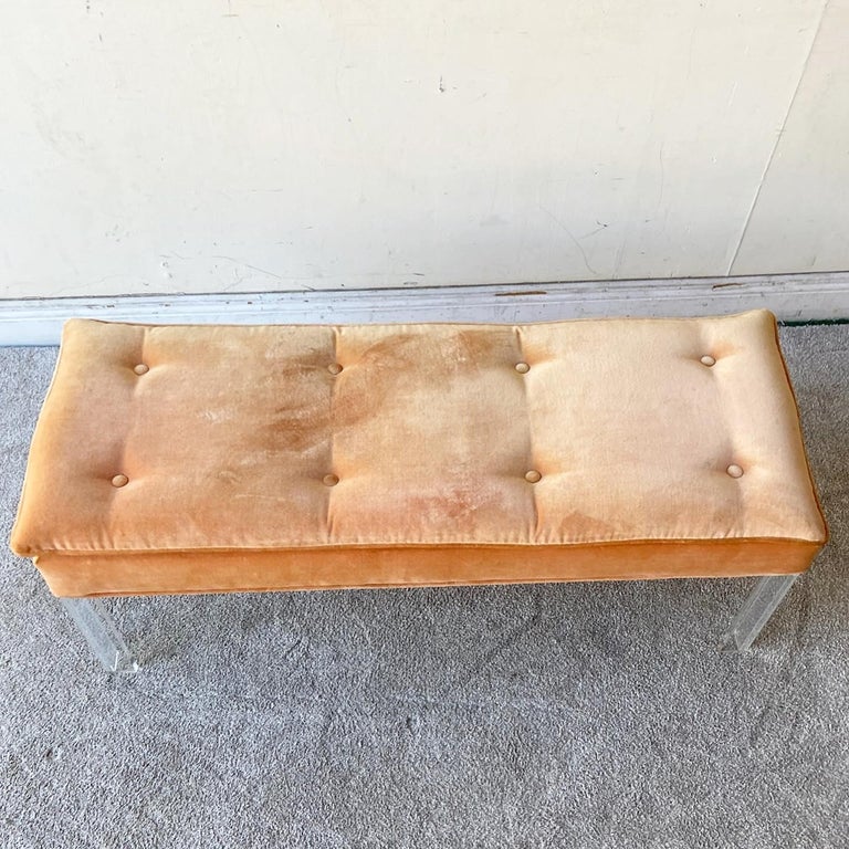 Postmodern Orange Tufted Fabric Lucite Bench For Sale at 1stDibs
