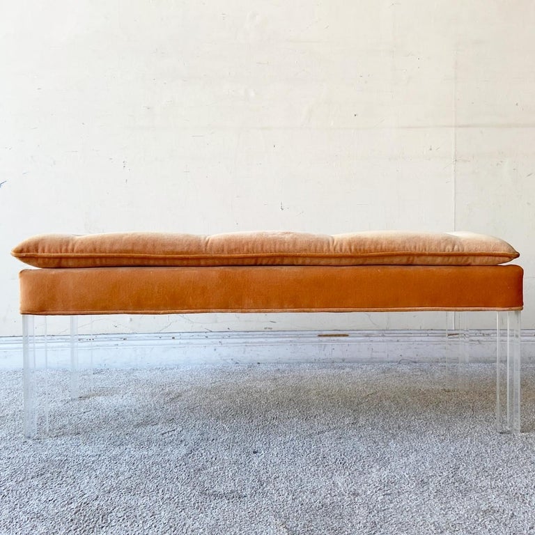 Postmodern Orange Tufted Fabric Lucite Bench For Sale at 1stDibs
