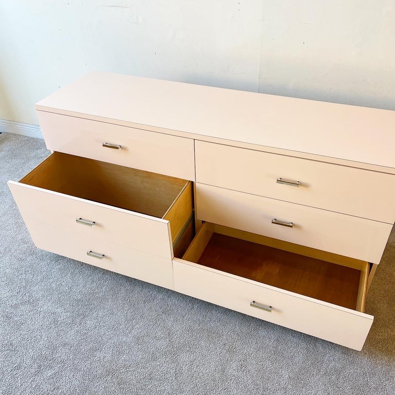 Postmodern Peach Lacquer Laminate Dresser with Gold and Lucite Handles ...