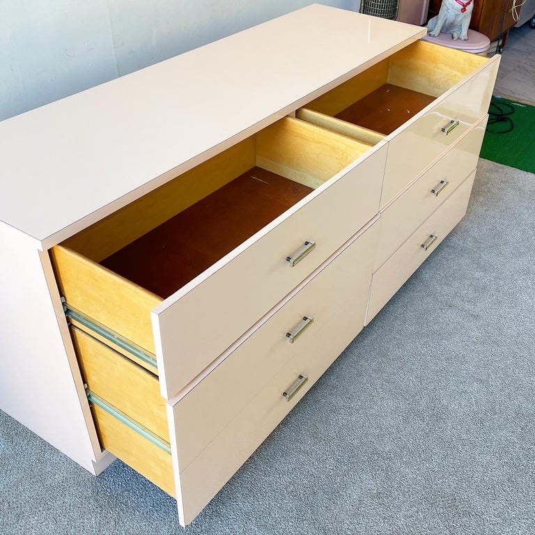 Postmodern Peach Lacquer Laminate Dresser with Gold and Lucite Handles ...