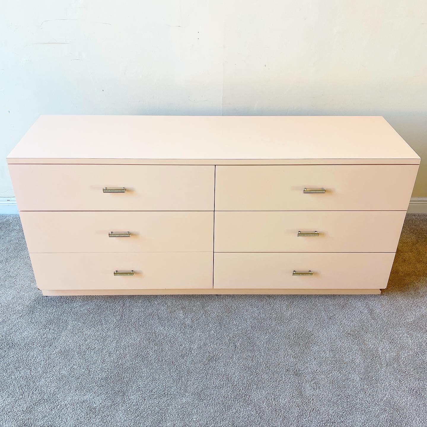 Postmodern Peach Lacquer Laminate Dresser with Gold and Lucite Handles ...