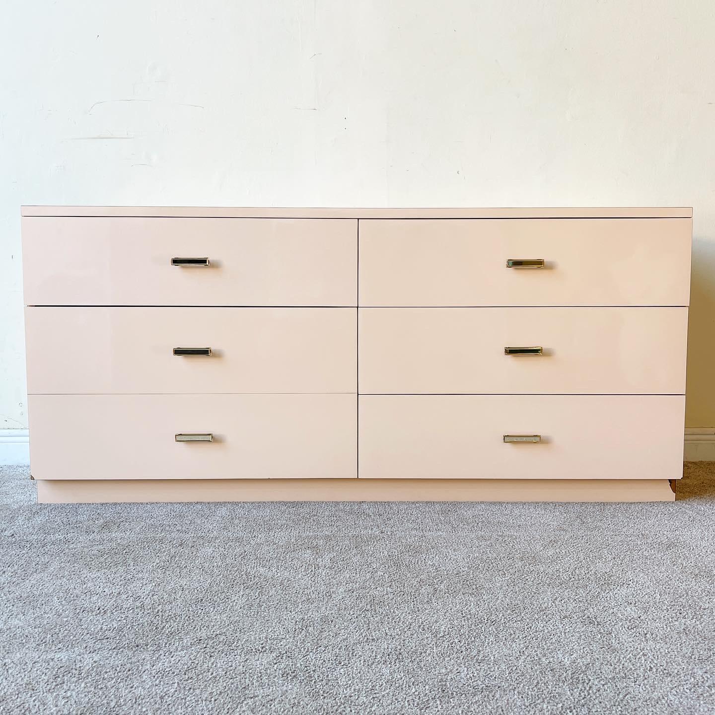 Postmodern Peach Lacquer Laminate Dresser with Gold and Lucite Handles ...
