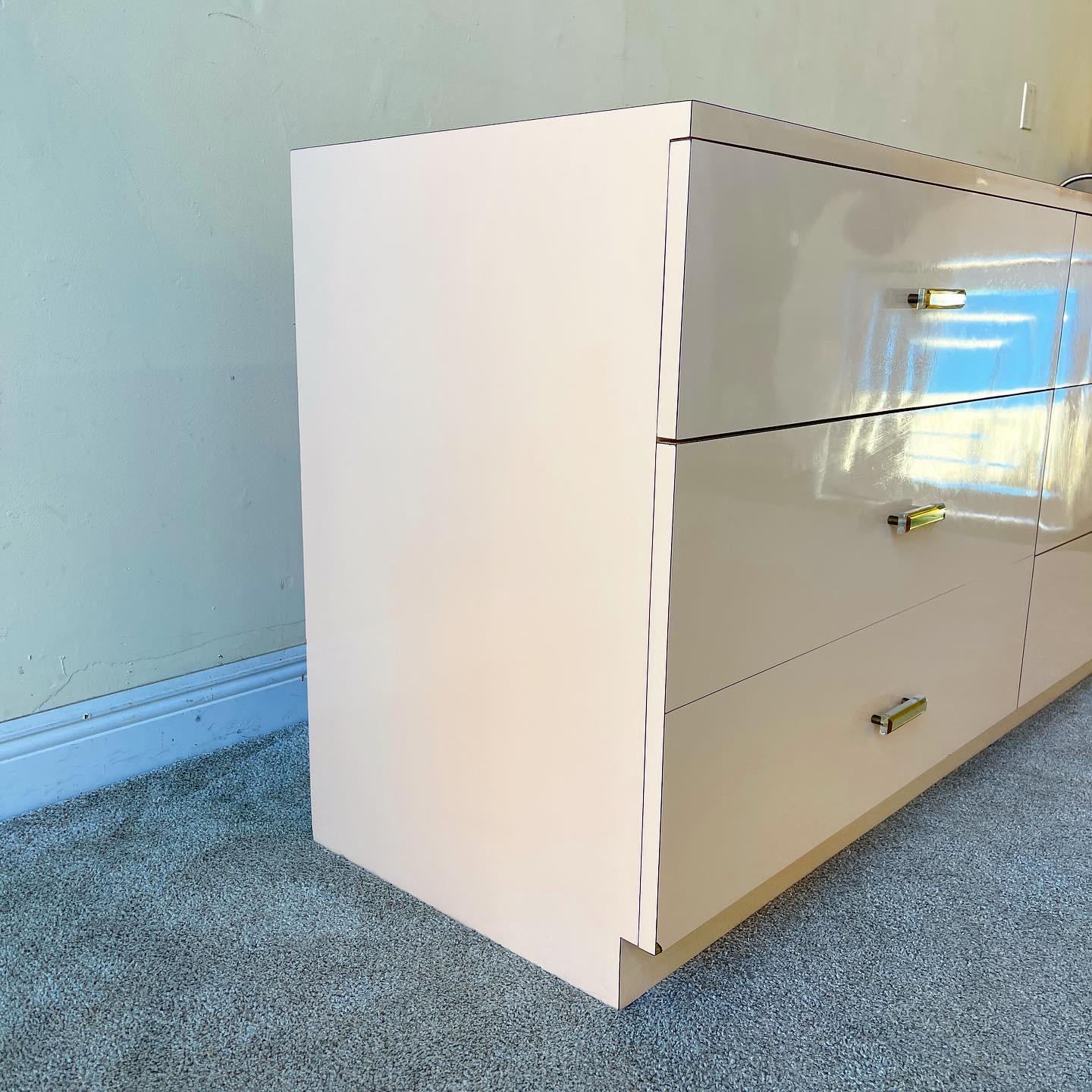 Postmodern Peach Lacquer Laminate Dresser with Gold and Lucite Handles ...