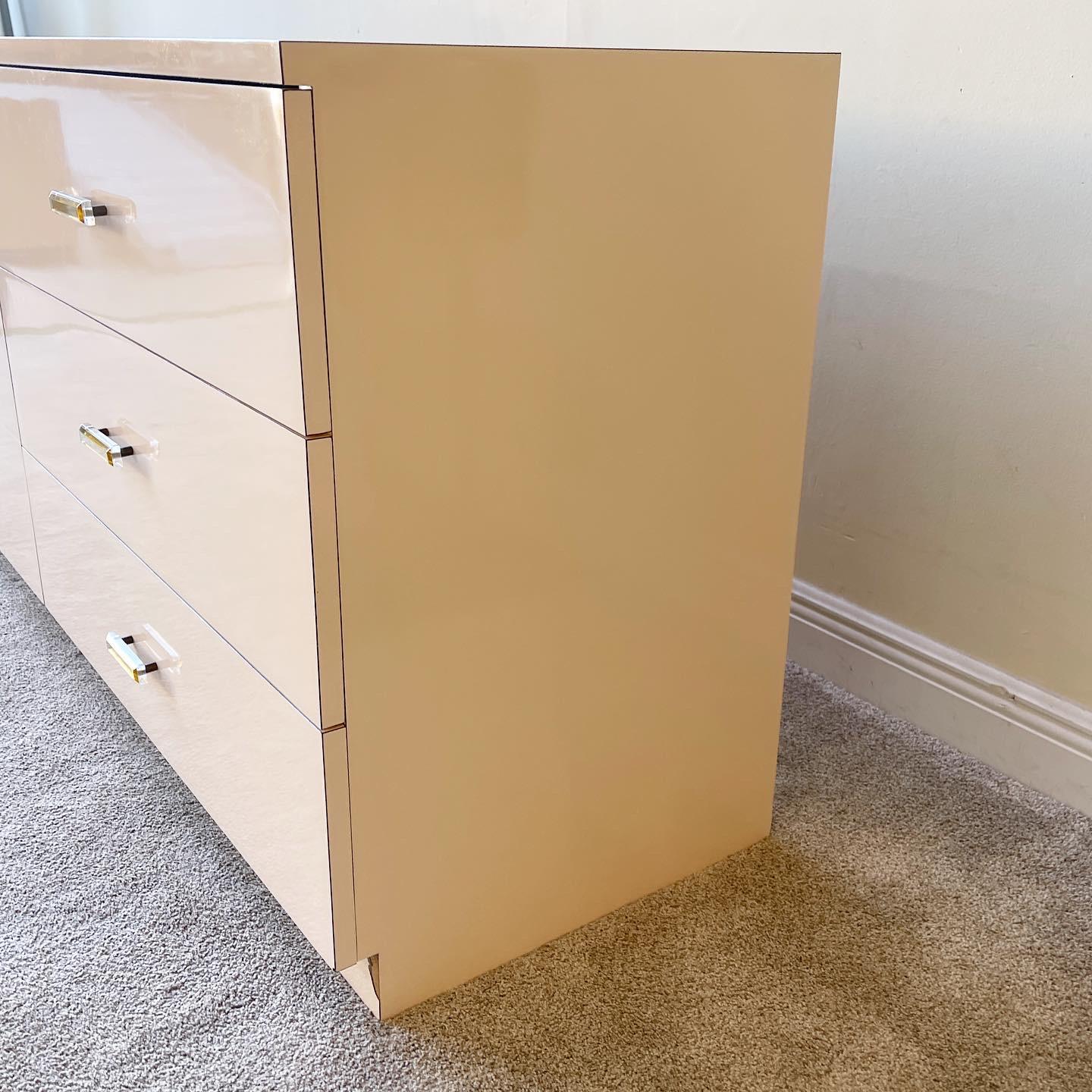 Postmodern Peach Lacquer Laminate Dresser with Gold and Lucite Handles ...