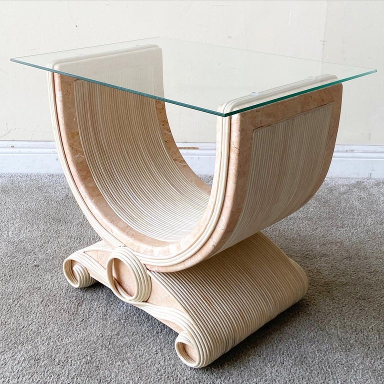 Postmodern Pencil Reed and Pink Tessellated Stone Glass Top Side Table ...