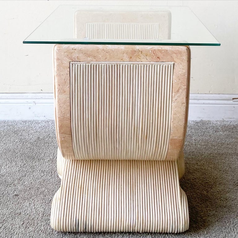 Postmodern Pencil Reed and Pink Tessellated Stone Glass Top Side Table ...