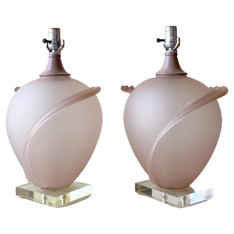 Postmodern Pink Glass and Lucite Table Lamps - a Pair For Sale at 1stDibs