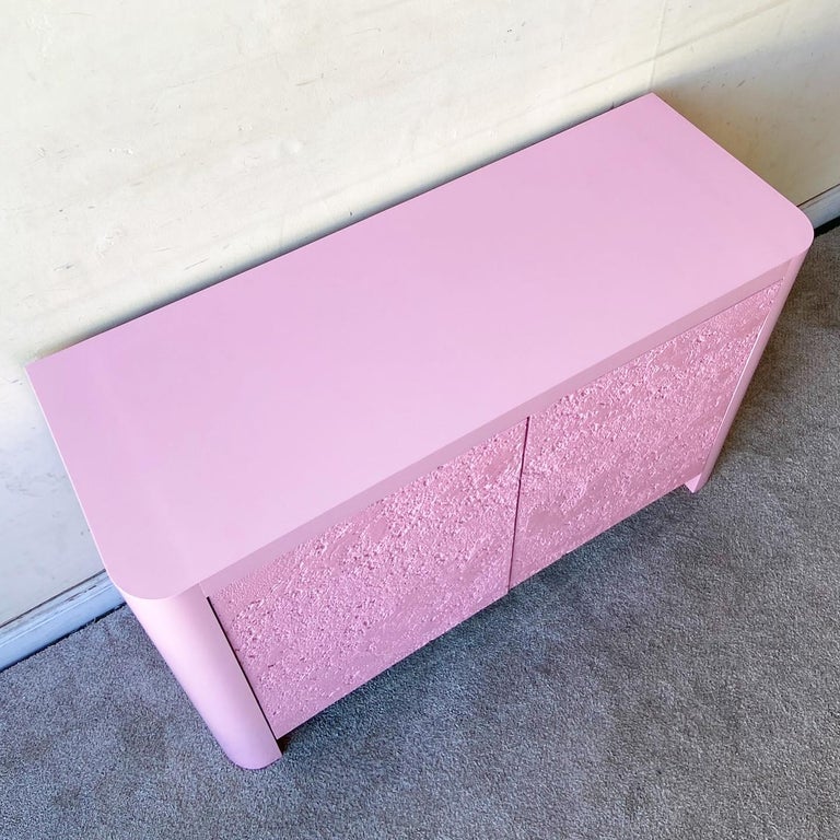 Postmodern Pink Lacquer Credenza with Faux Stone Doors For Sale at 1stDibs