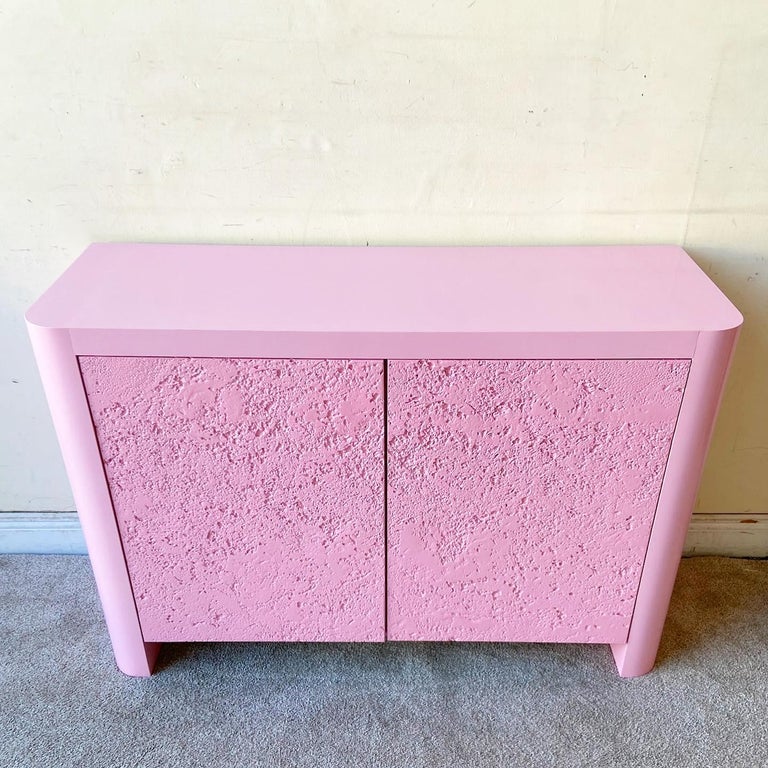 Postmodern Pink Lacquer Credenza with Faux Stone Doors For Sale at 1stDibs