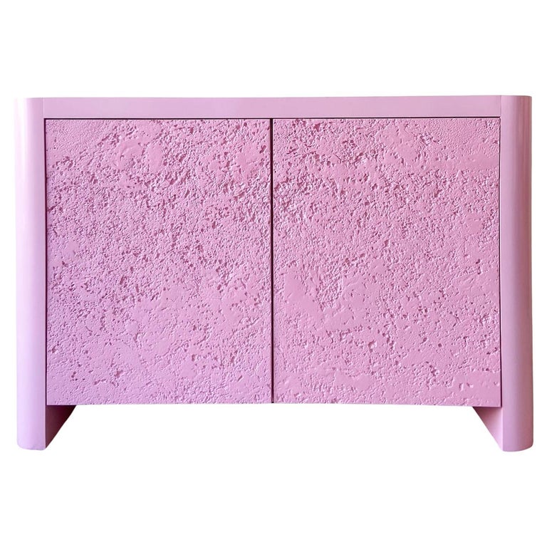 Postmodern Pink Lacquer Credenza with Faux Stone Doors For Sale at 1stDibs