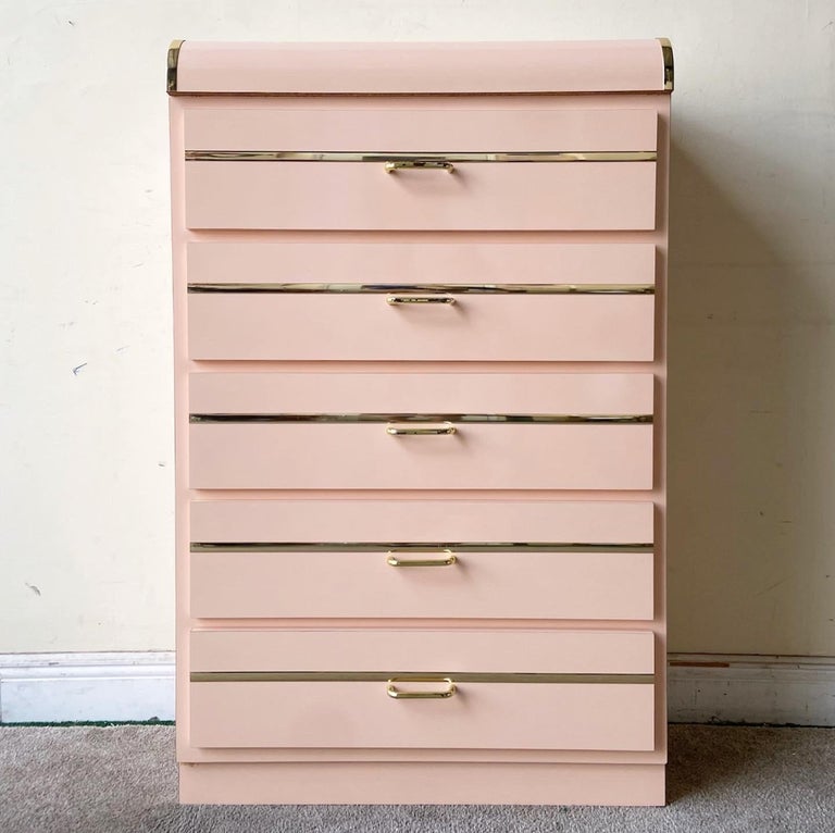 Postmodern Pink Lacquer Laminate Highboy Dresser with Gold Trim and ...