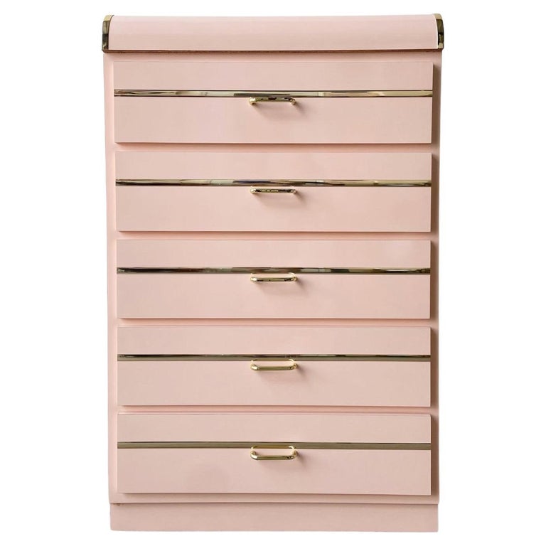 Postmodern Pink Lacquer Laminate Highboy Dresser with Gold Trim and ...
