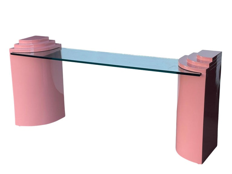 Postmodern Pink Lacquered Karl Springer Style Column Console Glass ...