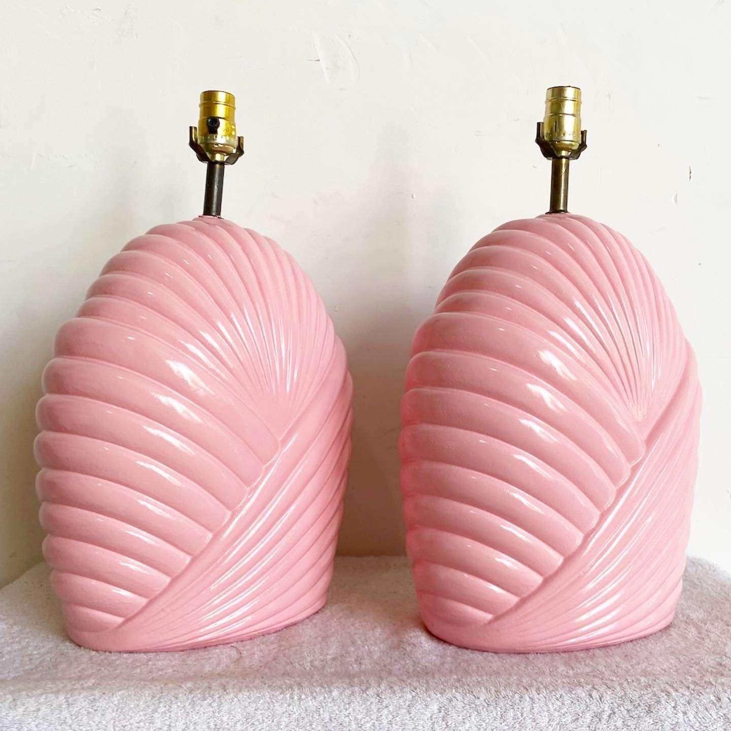 Postmodern Pink Scalloped Ceramic Table Lamps - a Pair For Sale at 1stDibs