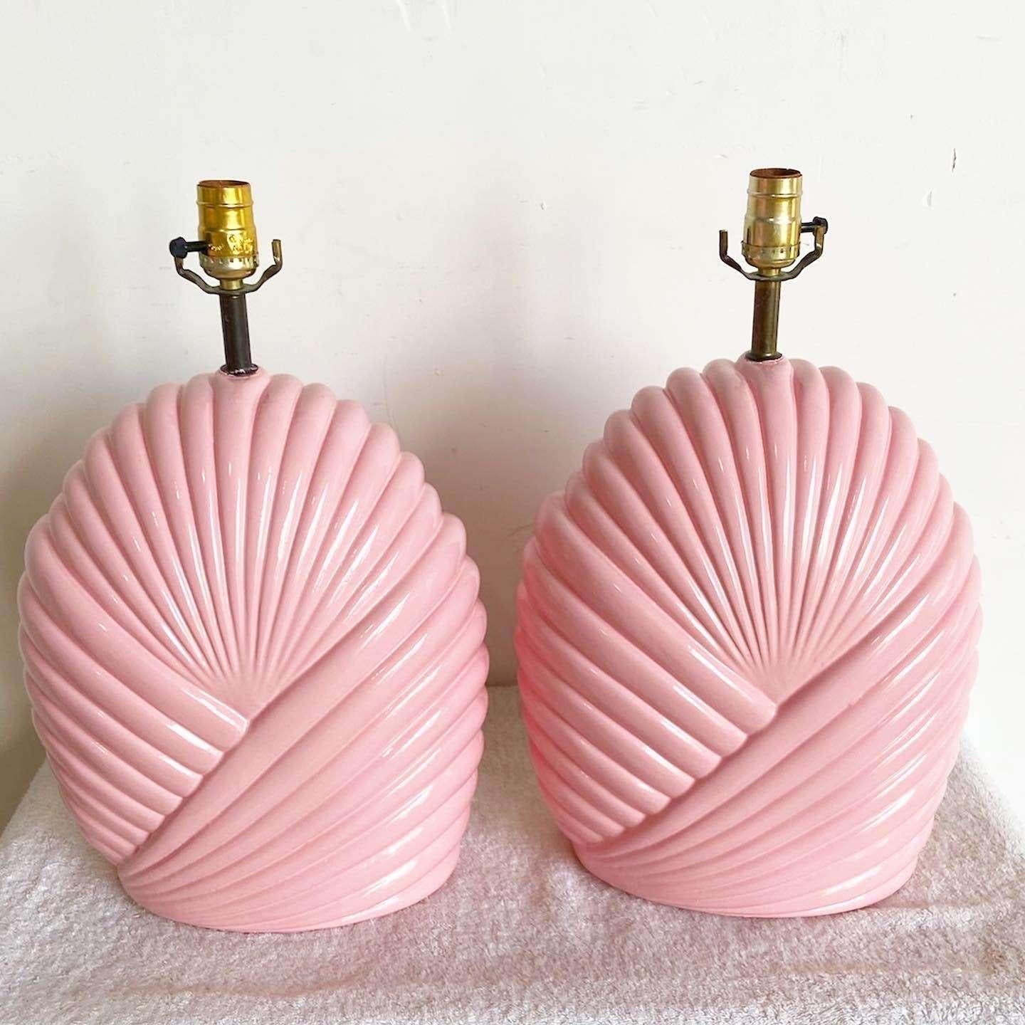 Postmodern Pink Scalloped Ceramic Table Lamps - a Pair For Sale at 1stDibs