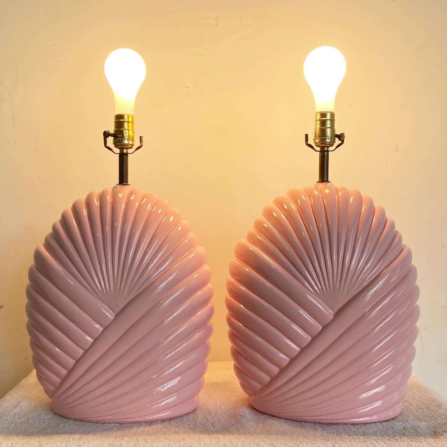 Postmodern Pink Scalloped Ceramic Table Lamps - a Pair For Sale at 1stDibs