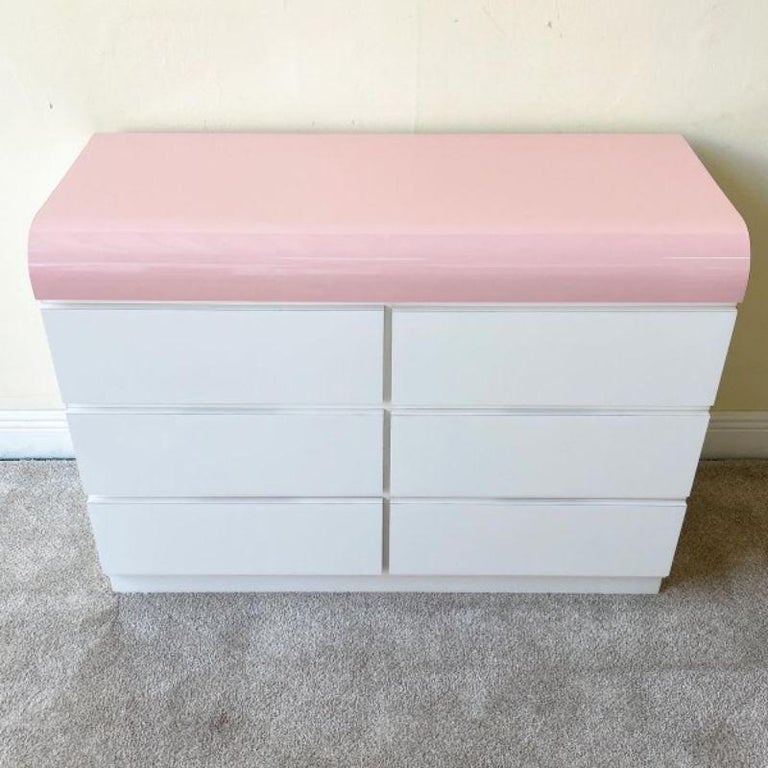 Postmodern Pink and White Lacquer Laminate Waterfall 6 Drawer Dresser ...