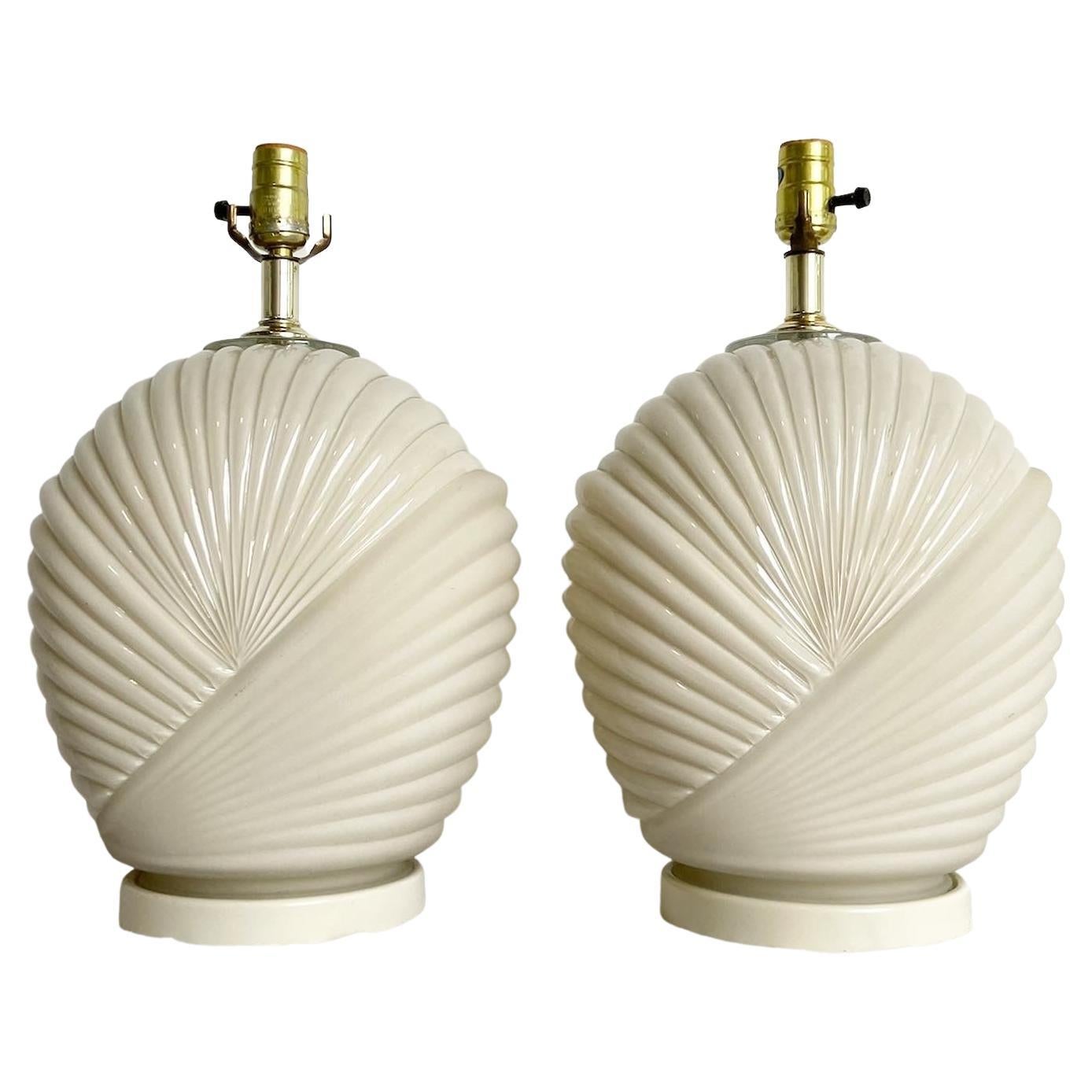 Postmodern Scalloped Cream Ceramic Table Lamps - a pair For Sale at 1stDibs