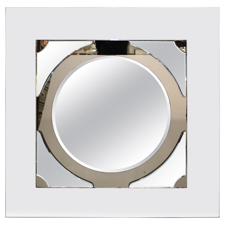 Postmodern Round Mirror on Rectangular Glass Frame For Sale at 1stDibs