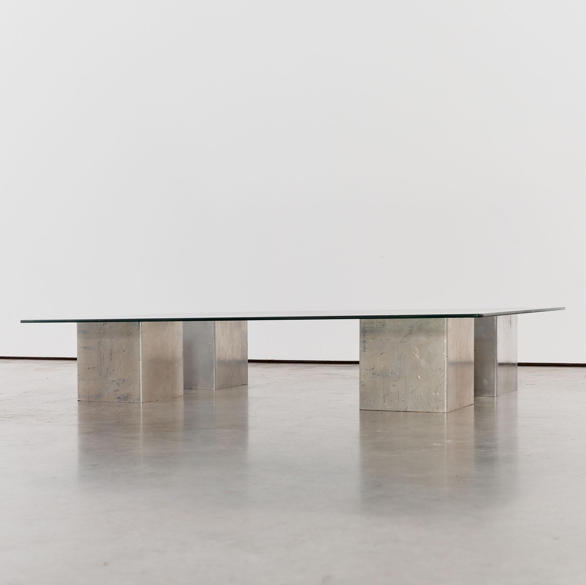 Postmodern sculptural cast aluminium cube and glass coffee table For ...