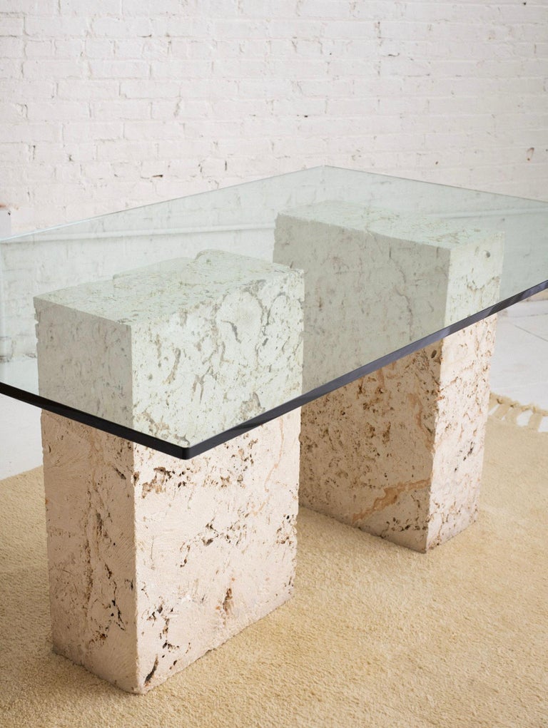 Postmodern Solid Limestone Pedestal Table with Glass Top at 1stDibs