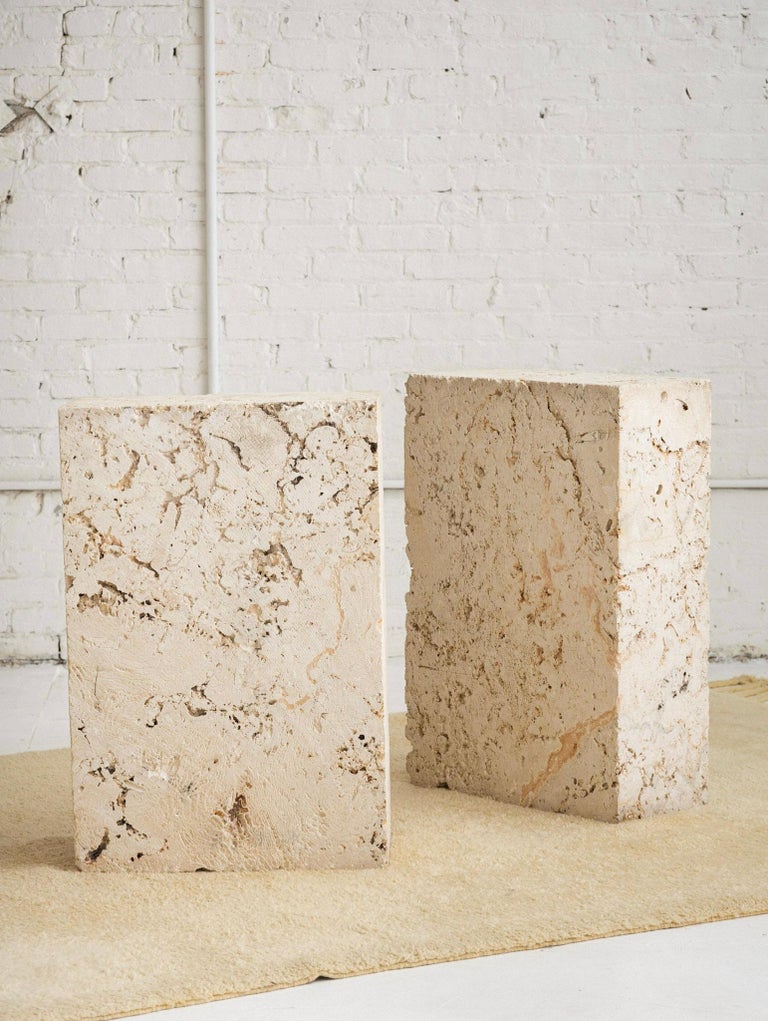 Postmodern Solid Limestone Pedestal Table with Glass Top at 1stDibs