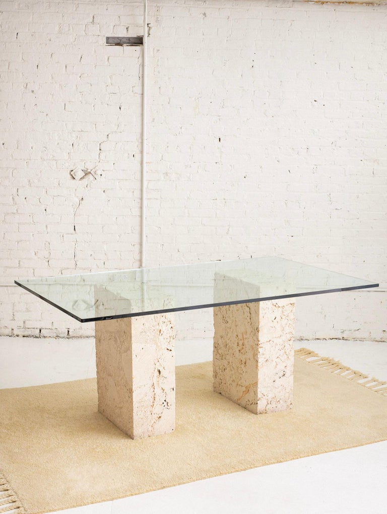 Postmodern Solid Limestone Pedestal Table with Glass Top at 1stDibs