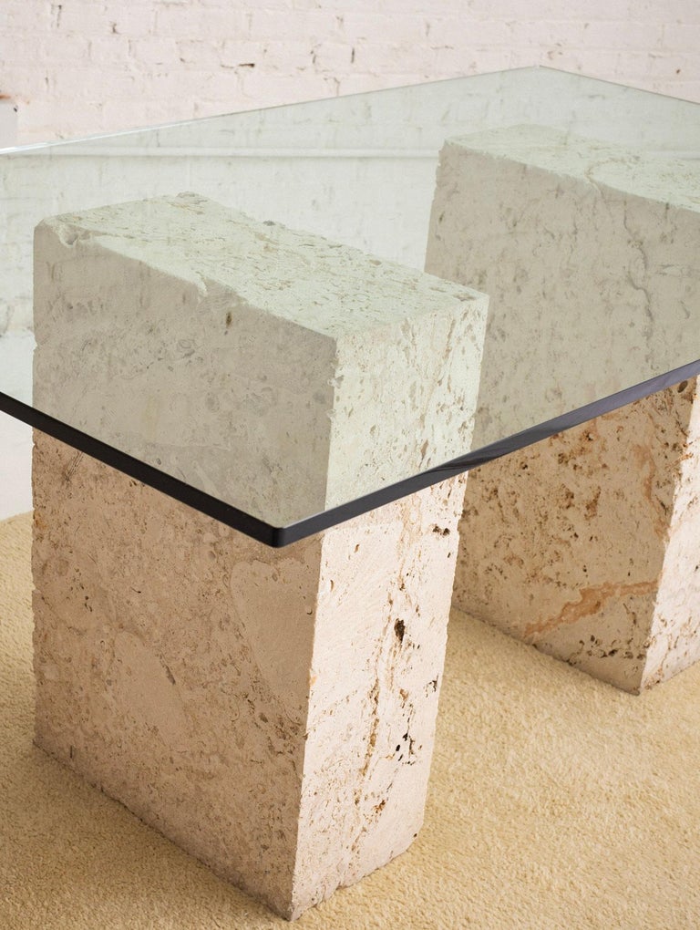 Postmodern Solid Limestone Pedestal Table with Glass Top at 1stDibs