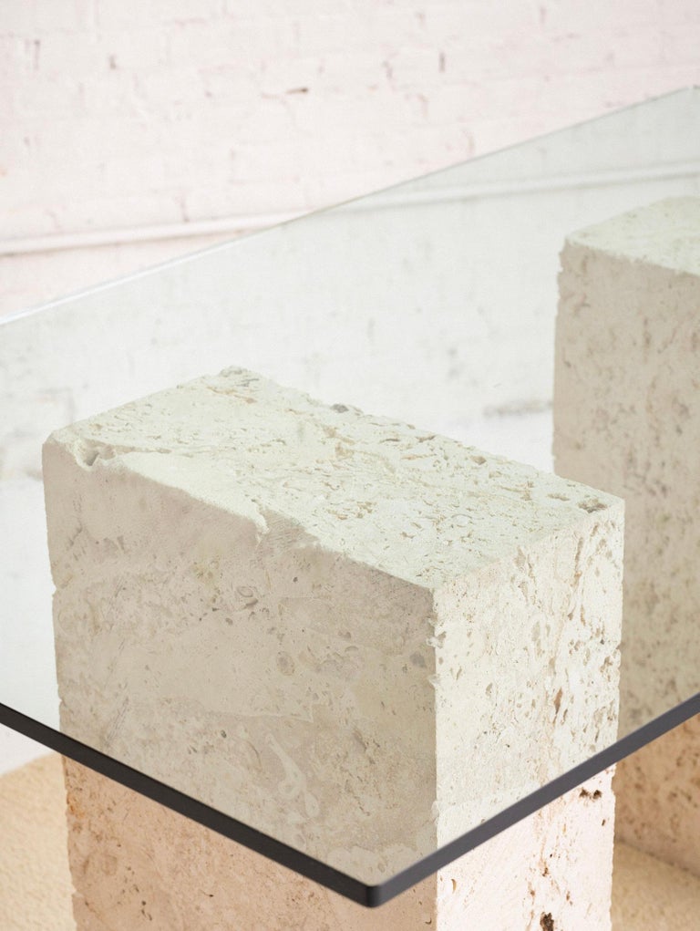 Postmodern Solid Limestone Pedestal Table with Glass Top at 1stDibs