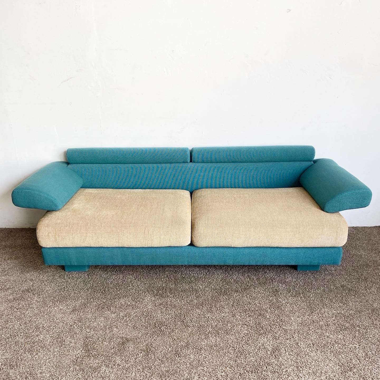 Postmodern Teal Blue and Tan Sculpted Sofa For Sale at 1stDibs