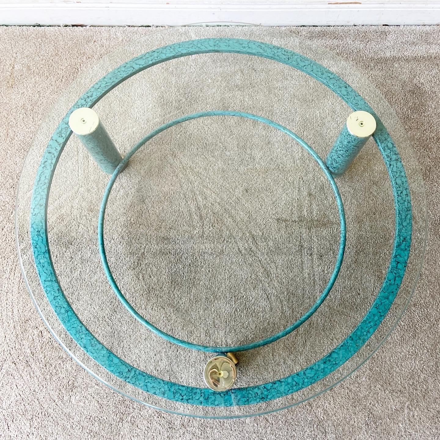 Postmodern Teal Blue Circular Beveled Glass Top Coffee Table on Casters ...