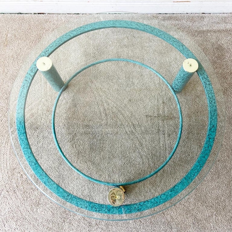 Postmodern Teal Blue Circular Beveled Glass Top Coffee Table on Casters ...