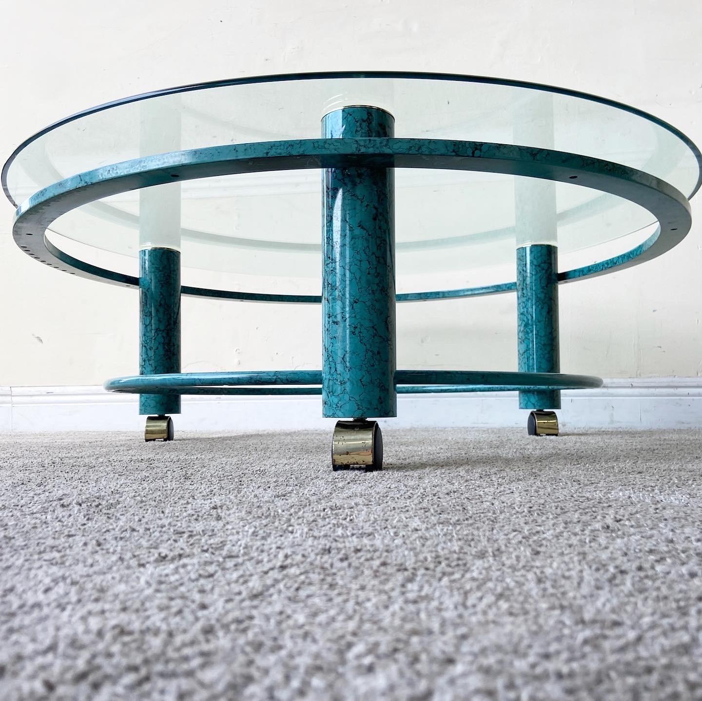 Postmodern Teal Blue Circular Beveled Glass Top Coffee Table on Casters ...