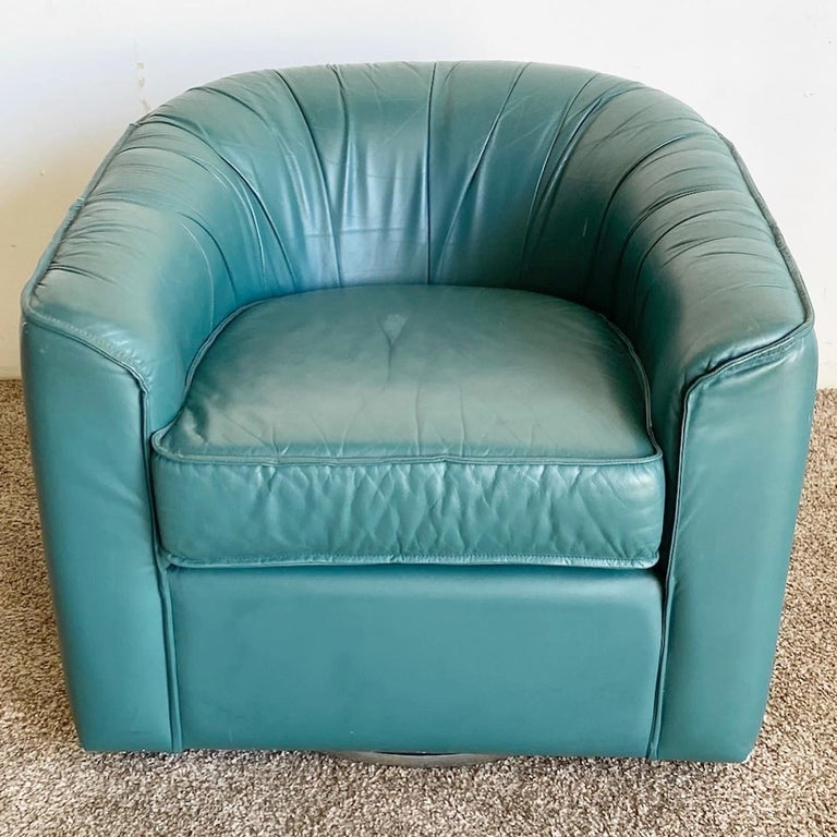 Postmodern Teal Leather Swivel Barrell Chair For Sale at 1stDibs