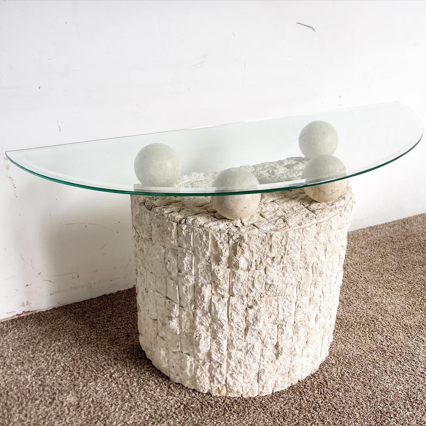 Postmodern Tessellated Mactan Stone Glass Top Demi Lune Console Table ...