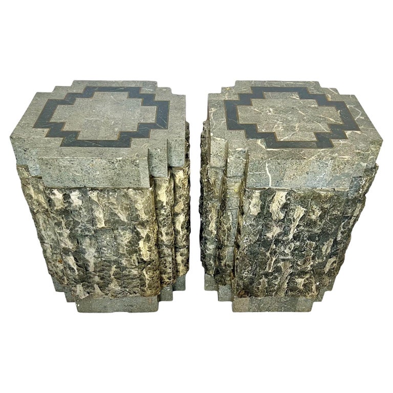 Postmodern Tessellated Stone Brass Inlay Pedestal Tables - a Pair For ...