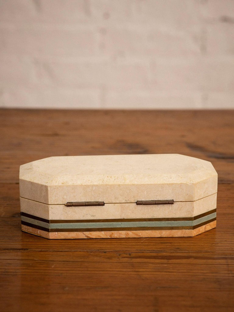 Postmodern Tessellated Travertine, Brass and Stone Box For Sale at 1stDibs