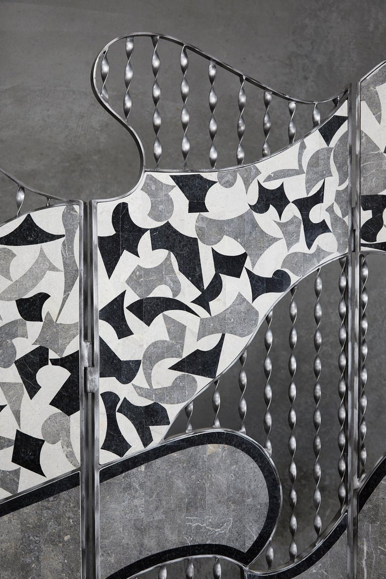 Postmodern Three-Panel "Confetti" Screen in Tessellated Stone and Metal ...