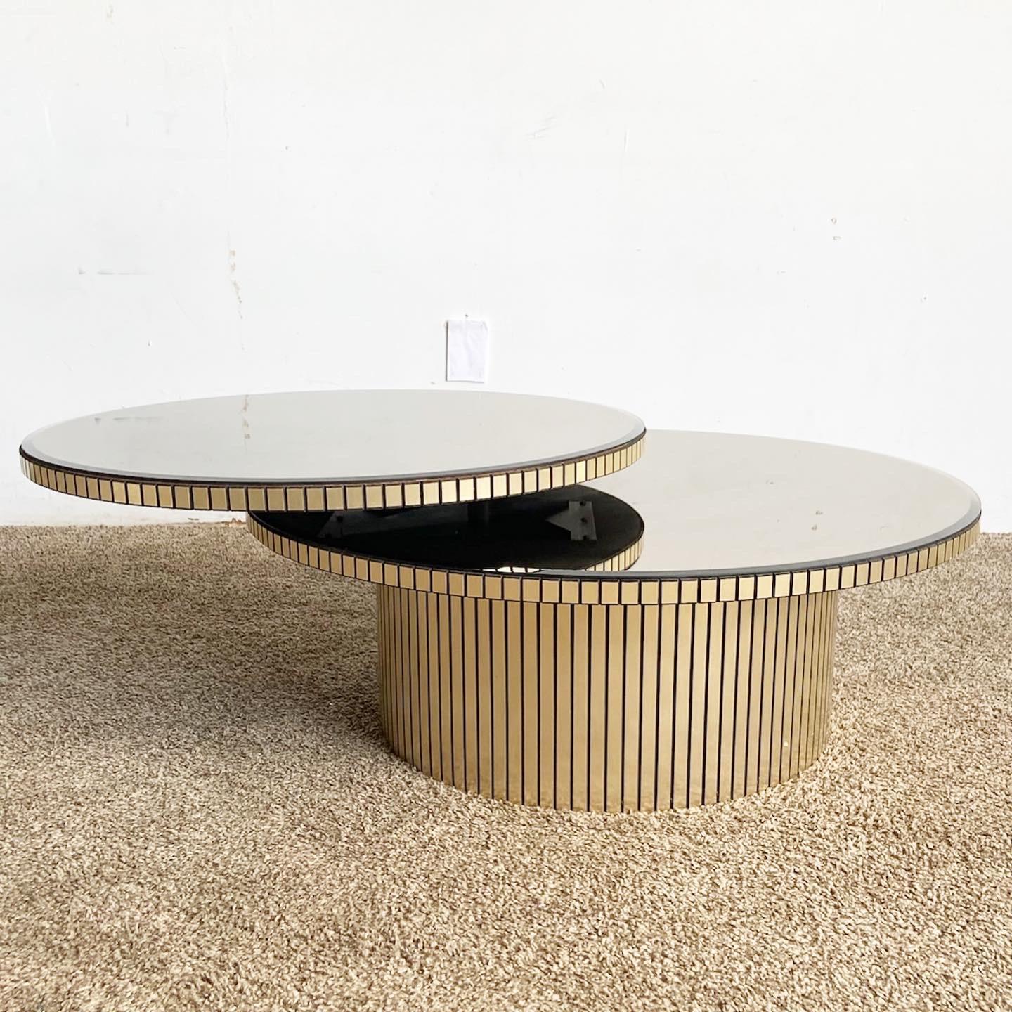 Postmodern Two Tier Gold and Smoked Mirror Top Swivel Coffee Table For ...