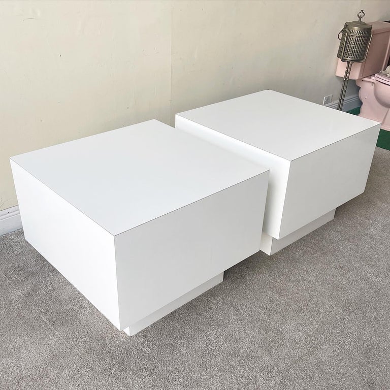 Postmodern White Lacquer Laminate Block Side Tables - a Pair at 1stDibs