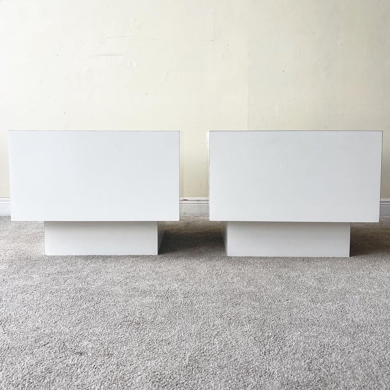 Postmodern White Lacquer Laminate Block Side Tables - a Pair at 1stDibs
