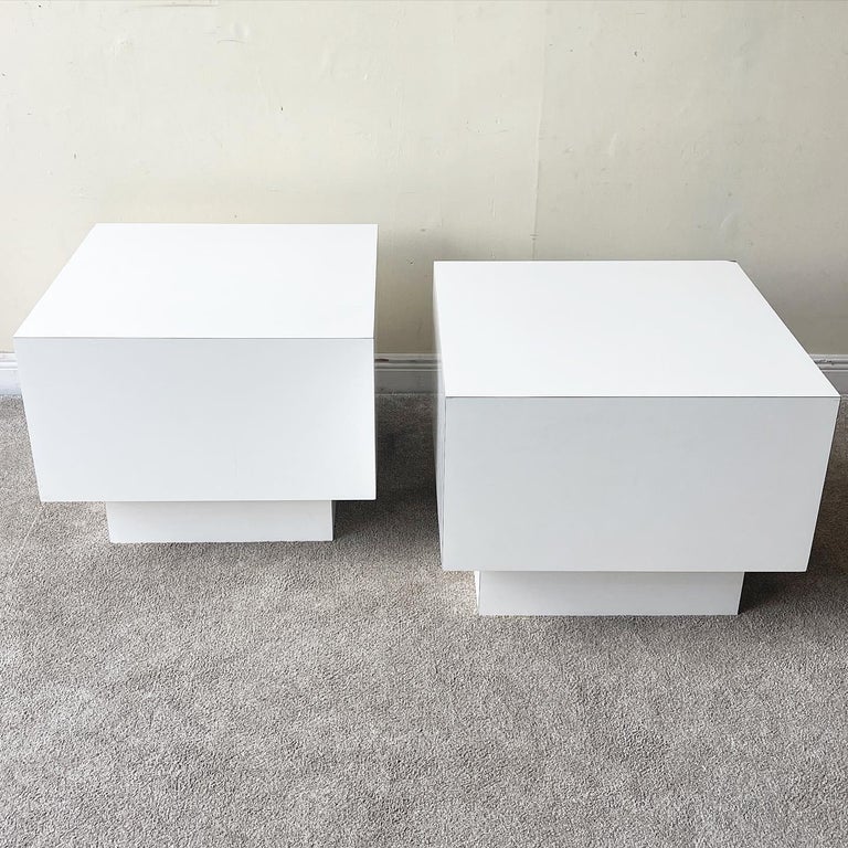 Postmodern White Lacquer Laminate Block Side Tables - a Pair at 1stDibs