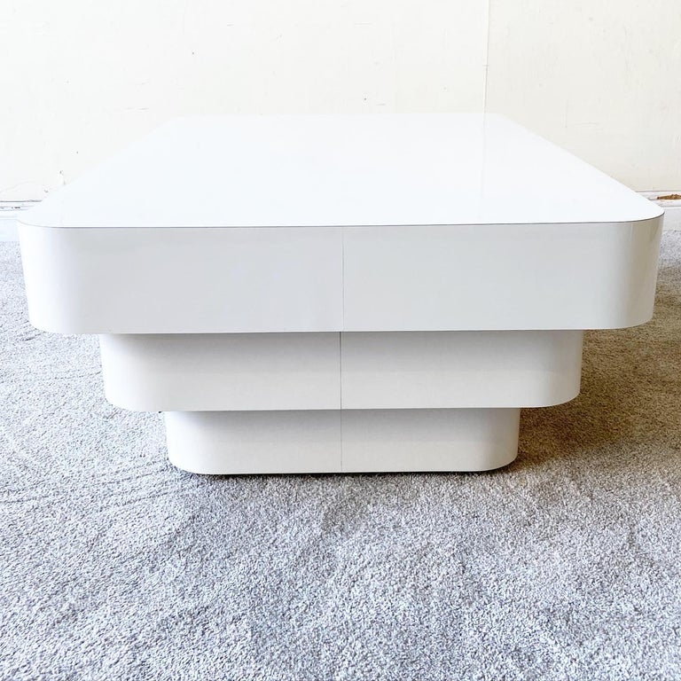 Postmodern White Lacquer Laminate Stacked Coffee Table on Wheels For ...