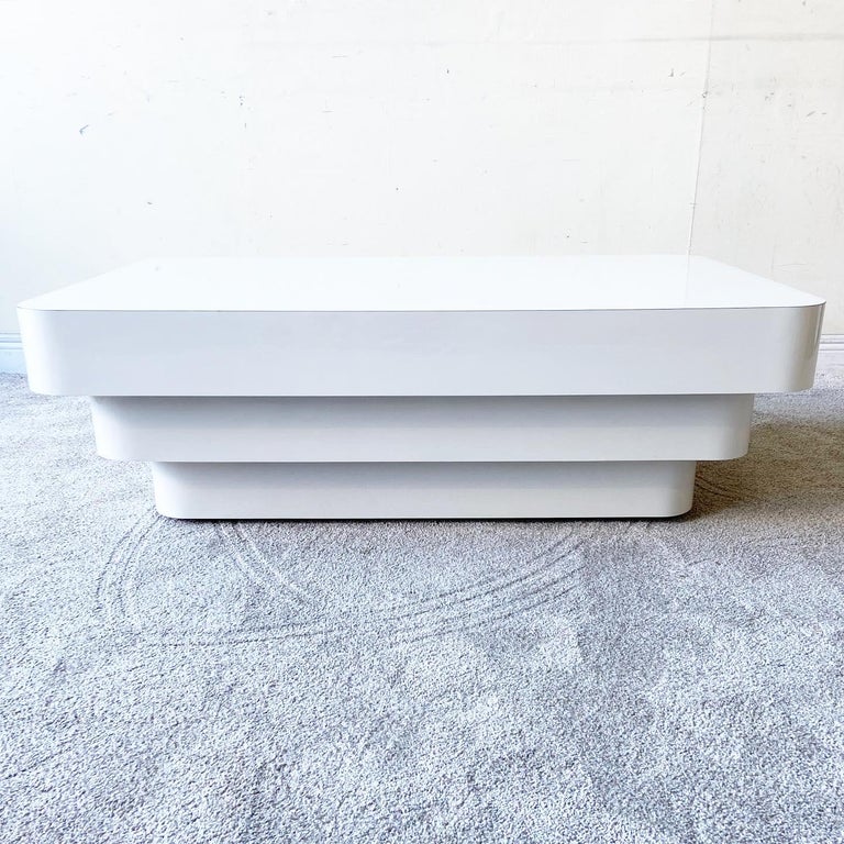 Postmodern White Lacquer Laminate Stacked Coffee Table on Wheels For ...