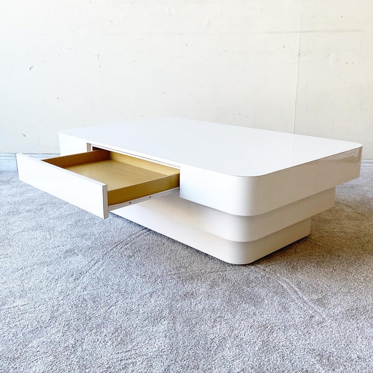 Postmodern White Lacquer Laminate Stacked Coffee Table on Wheels For ...