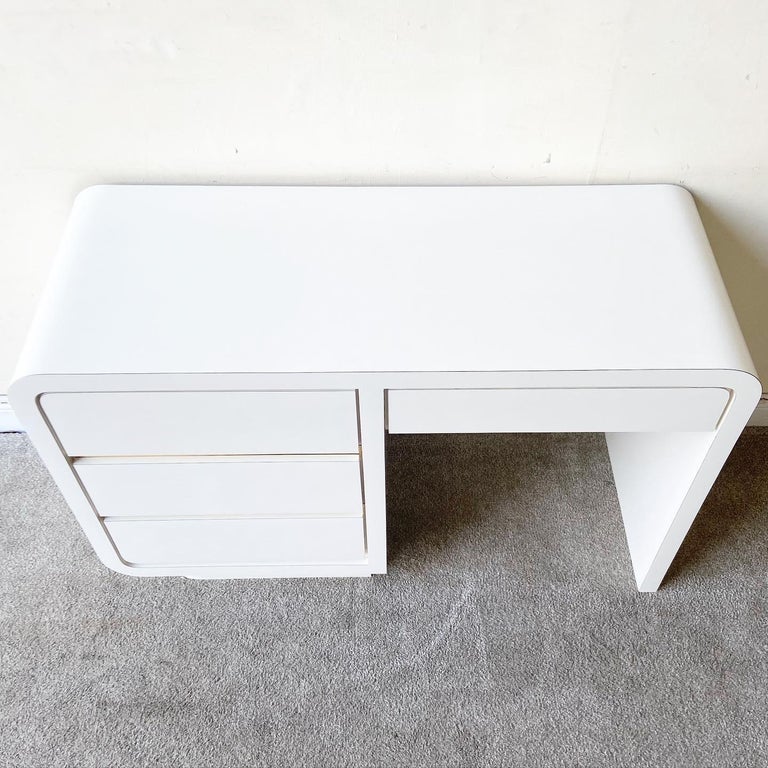 Postmodern White Lacquer Laminate Waterfall Desk with Gold Accents For ...